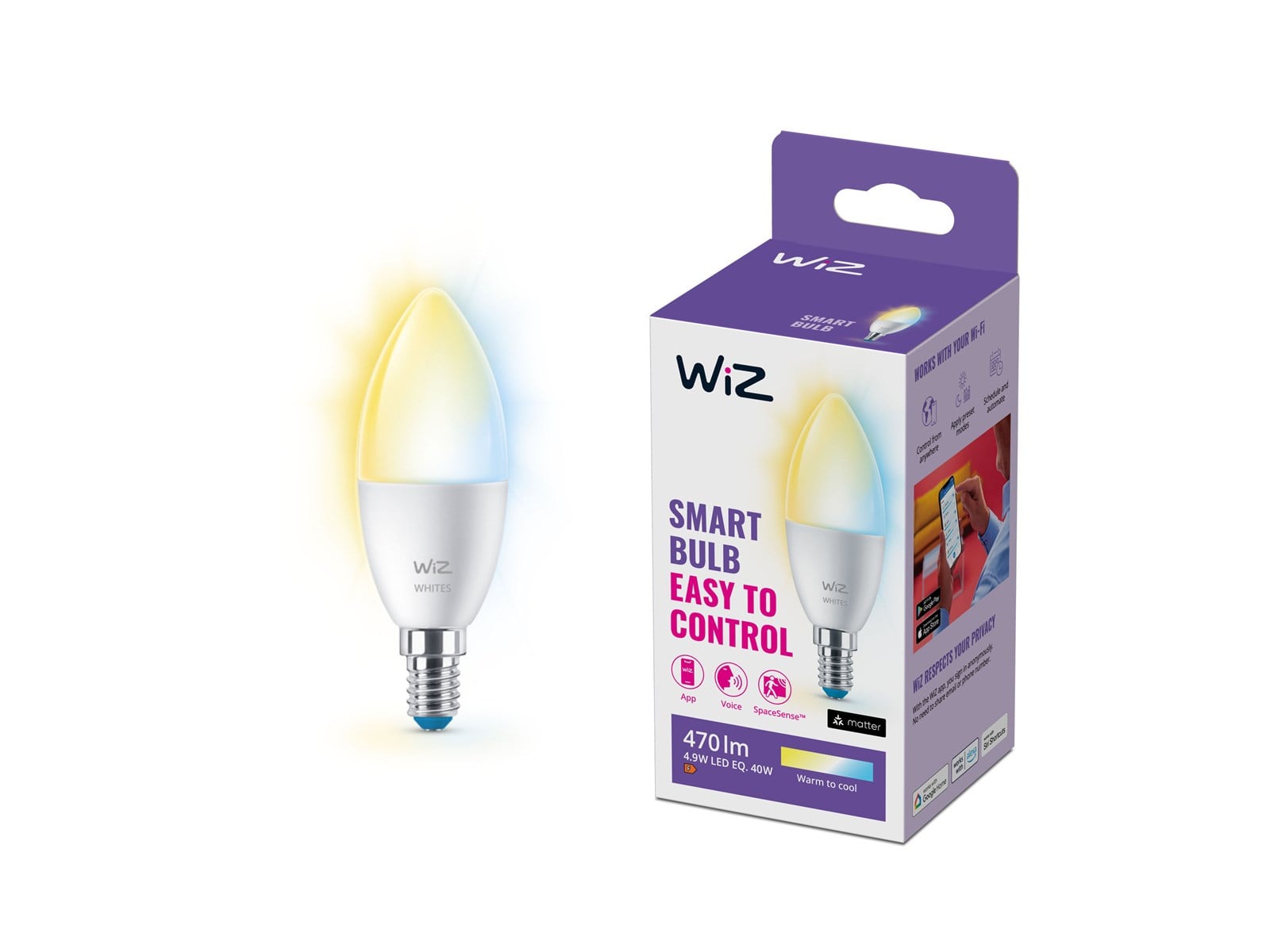 WiZ Tunable E14 Smart Candle Bulb - Dimmable warm-to-cold White LED light
