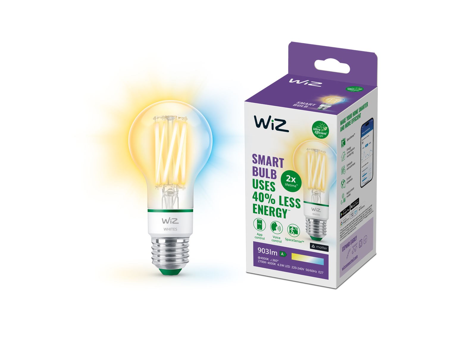 WiZ Tunable UltraEfficient A60 E27 Smart Filament Bulb - Dimmable Warm ...