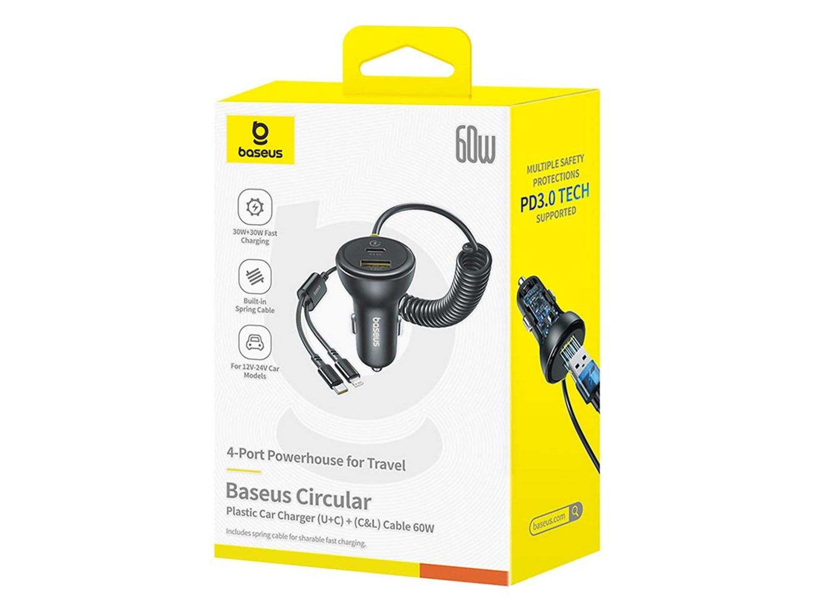 Baseus Circular 60W USB-A + USB-C Car Charger with Built-in Lightning ...
