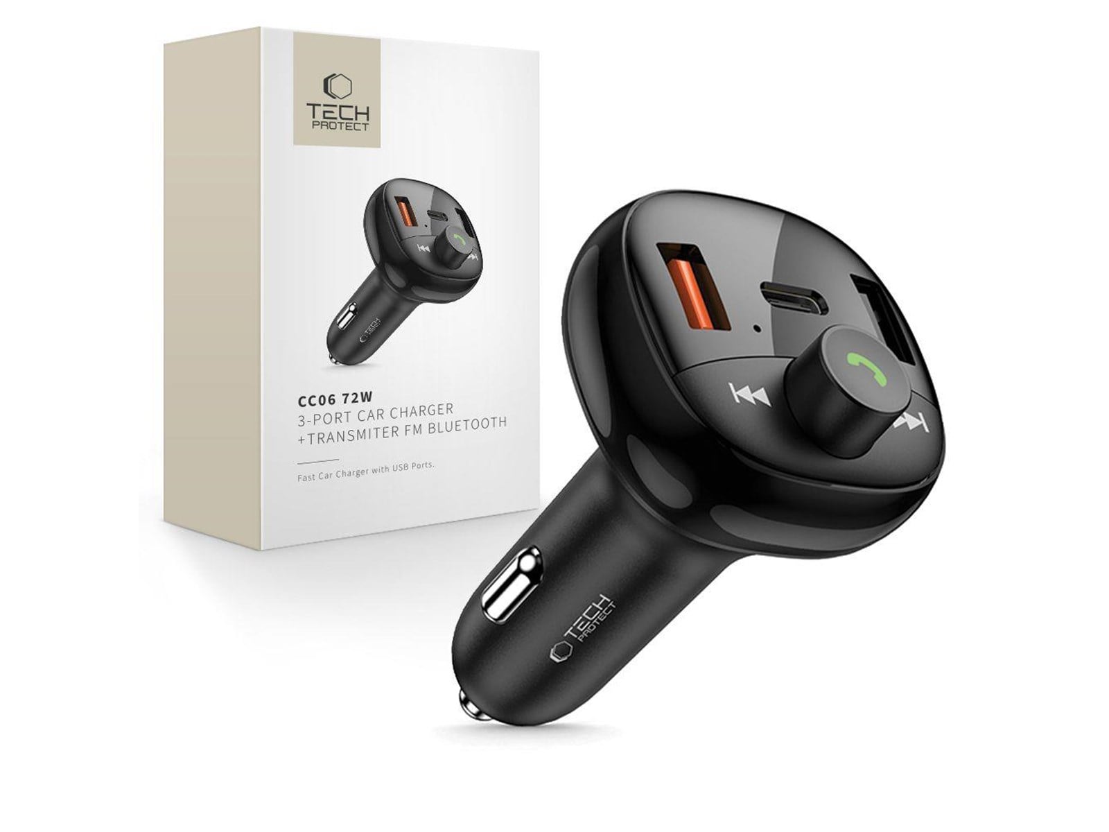 Tech-Protect CC06 3-Port PD72W Car Charger with Transmitter - Black