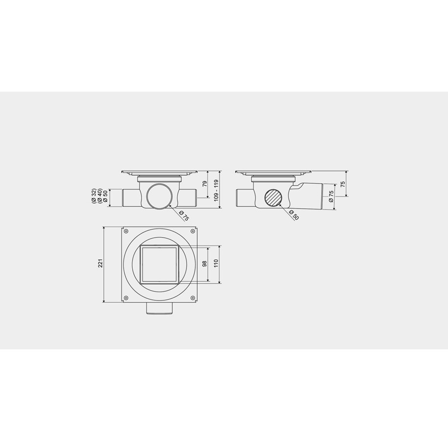 Unidrain Set 1 Square Custom 10x10 Ø75 mm horizontal | Günstig