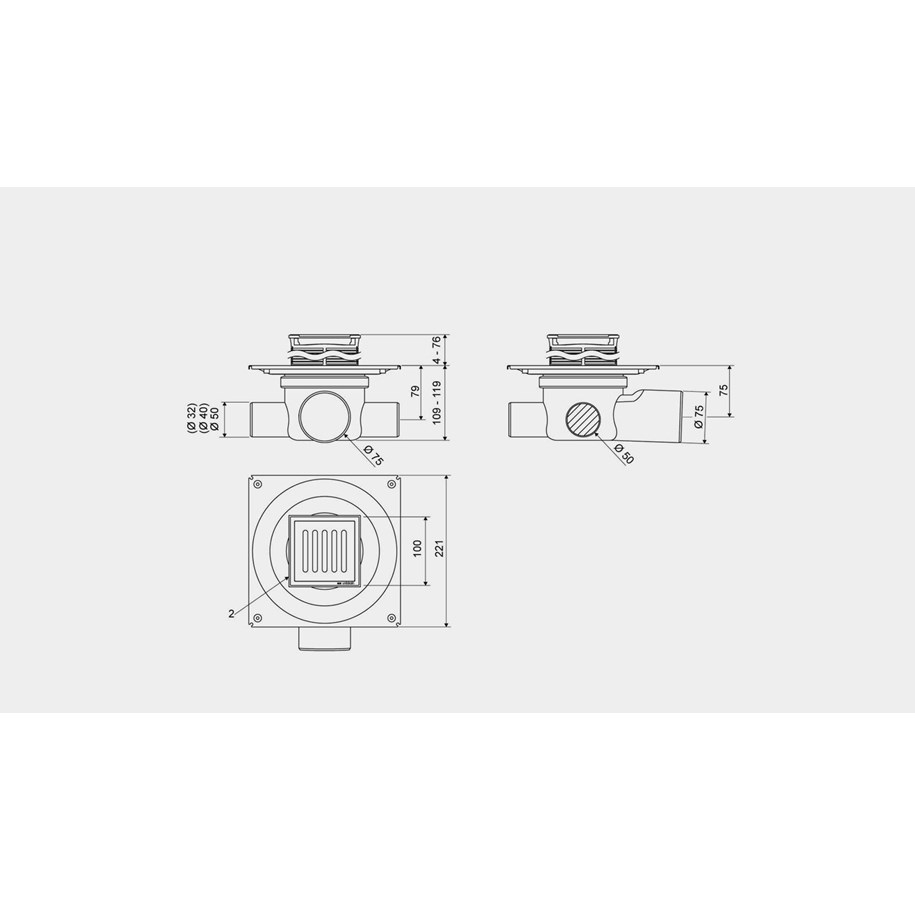 Unidrain Set 3 Square ClassicLine Column 10x10 Ø75 mm horizontal