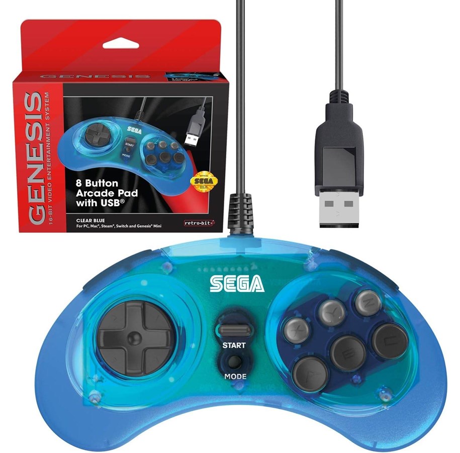 Retro-Bit 8-button Arcade Pad USB - Clear Blue - Wired Controller - MAC